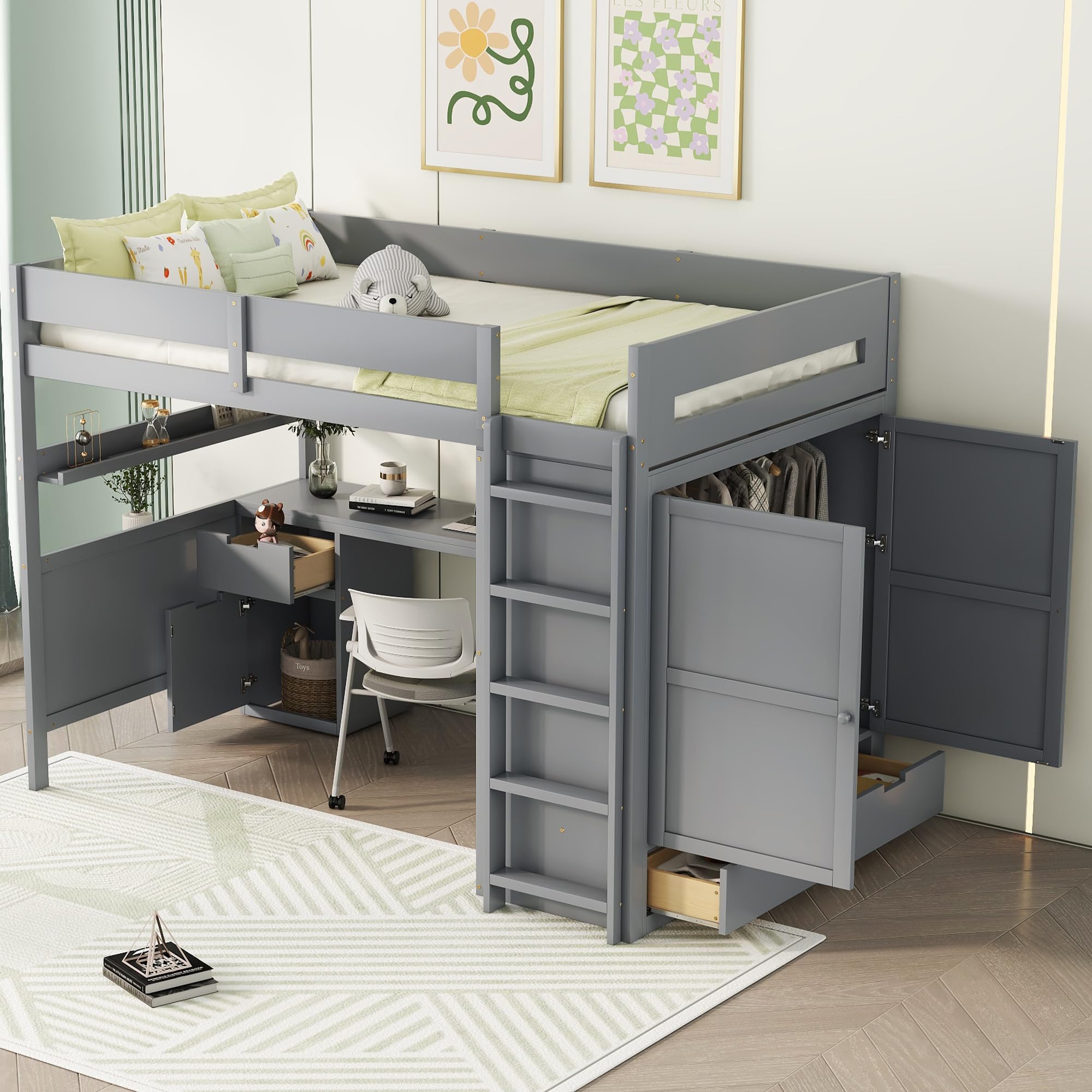 Full Size Loft Bed with Desk, Wardrobe and Drawers, Wood Full Storage Bed Frame with Cabinet and Shelves for Kids Teens Adults, No Box Spring Needed, Easy Assembly (Gray)