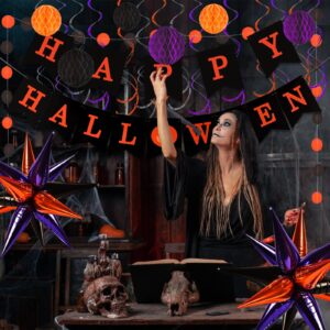 Happy Halloween Banner Decorations Kit with Star Balloons Honeycomb Balls Metallic Hanging Swirls Circle Dot Garland for Halloween Party Decorations