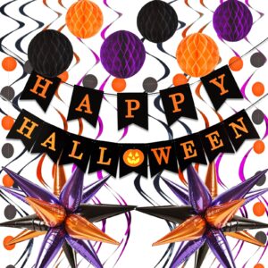 happy halloween banner decorations kit with star balloons honeycomb balls metallic hanging swirls circle dot garland for halloween party decorations