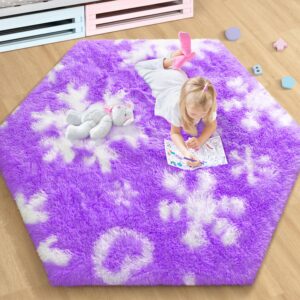 evoionos purple princess tent rug, 4x4.6 feet purple rugs for girls bedroom, fluffy purple snowflake rug for room decor, plush carpet for kids room playroom nursery decor, cute hexagon purple rugs