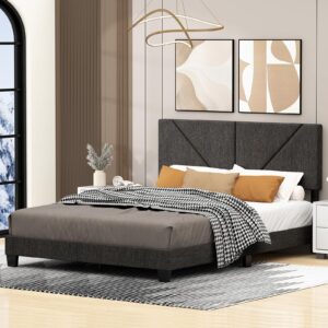 wakefit queen bed frame with adjustable headboard, linen upholstered platform bed frame with wood slats support, mattress foundation, no box spring needed (grey twill)