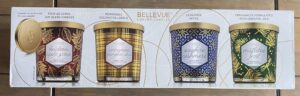 bellevue luxury candles, 4 soy blend candles 12 oz each, removable labels, lead-free wicks, fragrances with essential oils