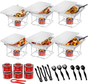 alpha living 6 pack - disposable chafing dish buffet set, welded body food warmers for parties, 6hr fuel cans complete set, half size pans, warming trays