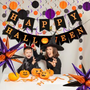 Happy Halloween Banner Decorations Kit with Star Balloons Honeycomb Balls Metallic Hanging Swirls Circle Dot Garland for Halloween Party Decorations