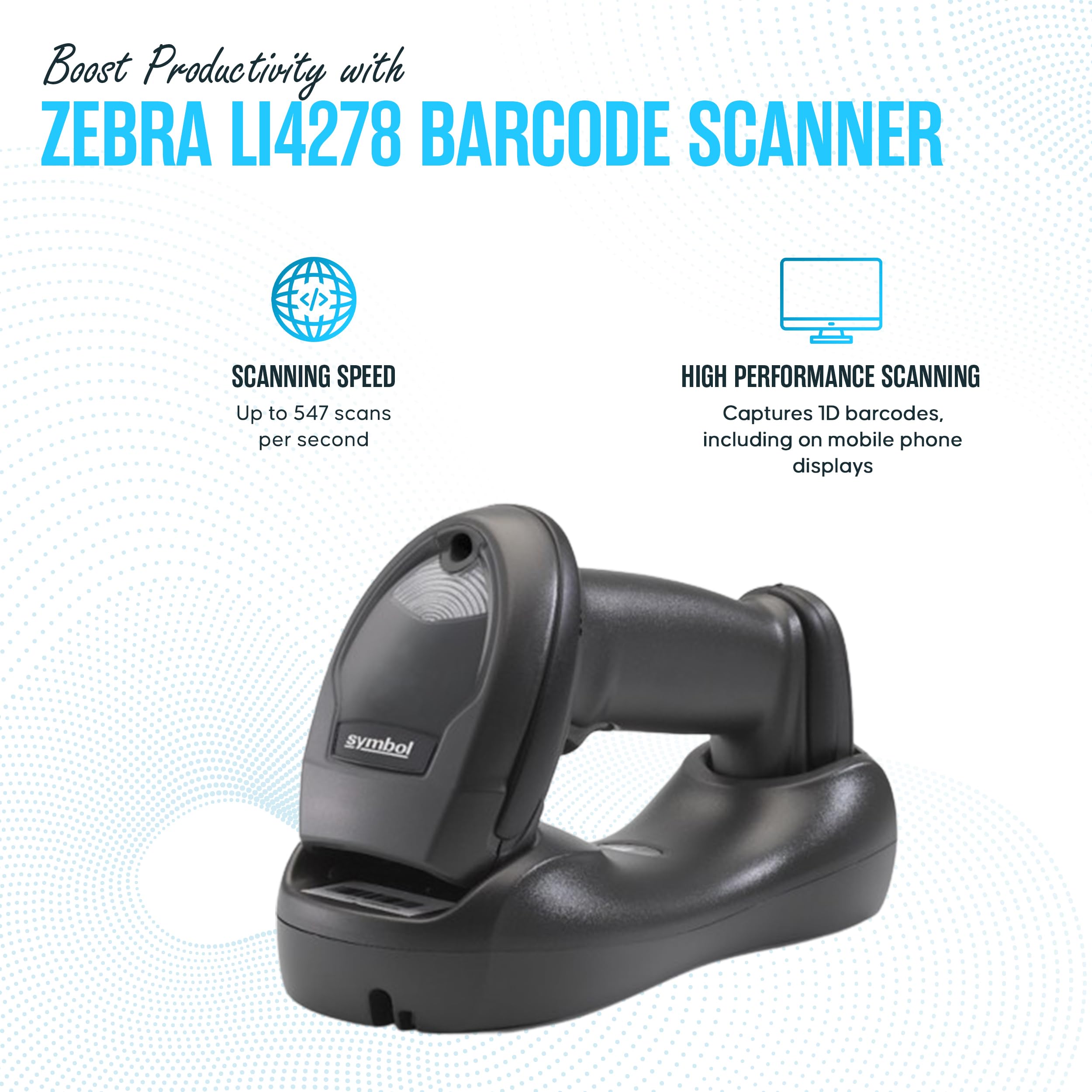 LI4278 Zebra Symbol Barcode Handheld Scanner Bluetooth Wireless Bundle - 1 Year Warranty - with Cradle, New USB Cable & Microfiber Cleaning Cloth, Black (Renewed)