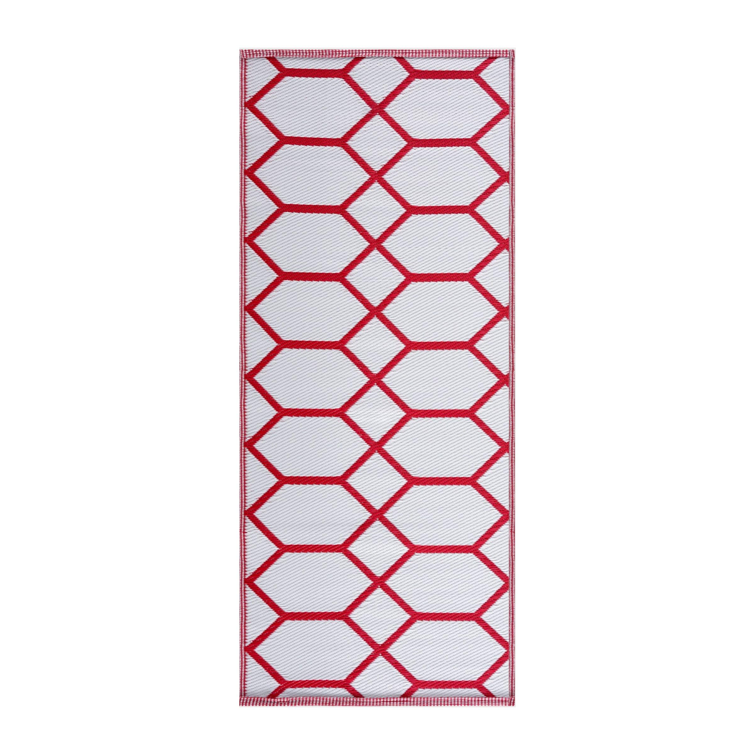 Outdoor Runner - Recycled Plastic Floor Runner Rug for Patio, Camping, Beach, Balcony, Porch, Deck - Weather, Water, Stain, Lightweight, Fade and UV Resistant - Miami- Red & White (2'4''x6')