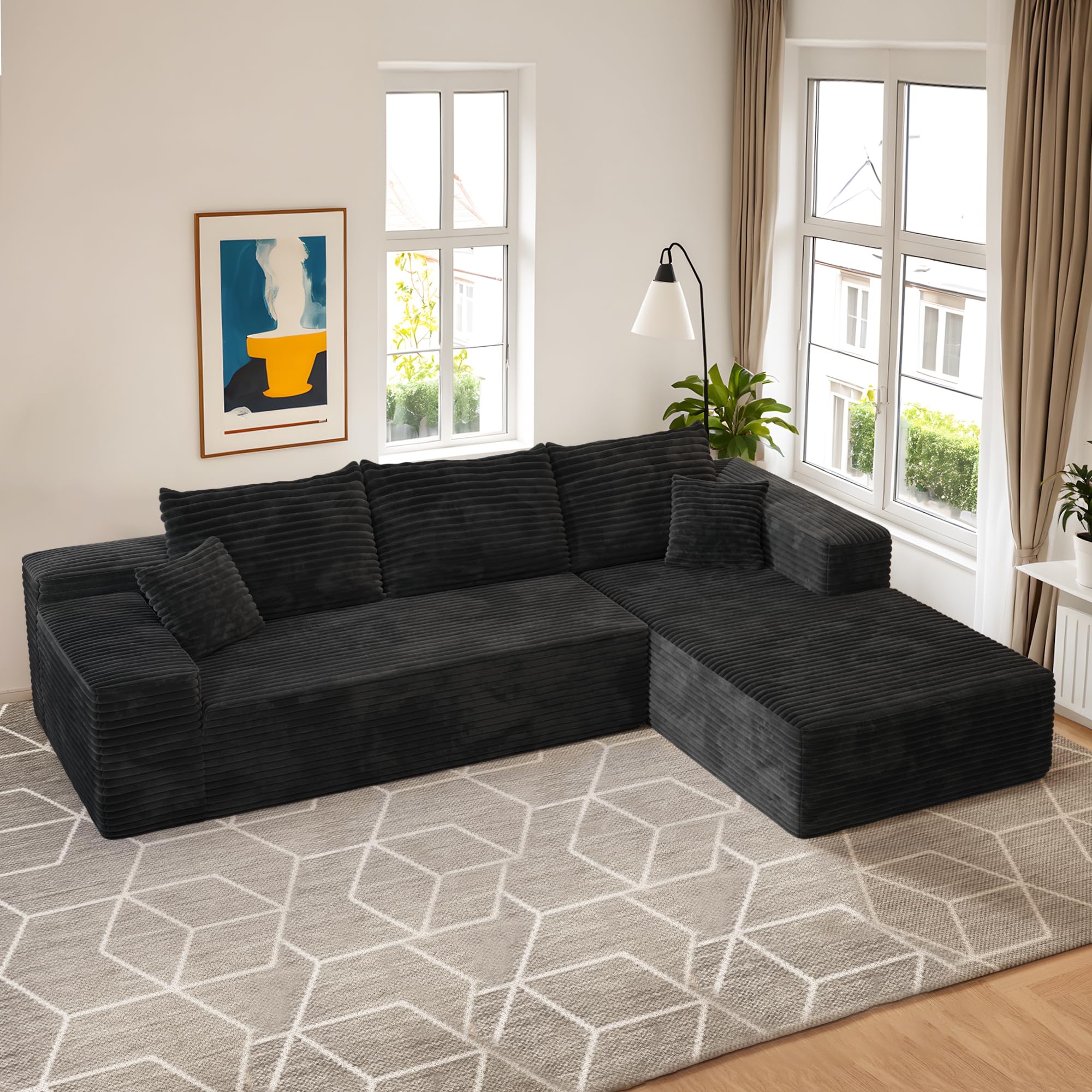 106" Cloud Sectional Couch with Chaise Longue,L Shaped Modular Modern Sofa,Comfy Corduroy Fluffy Couch with Deep Seat,No Assembly Required Couch for Living Room(Right,Plush Corduroy,Black)