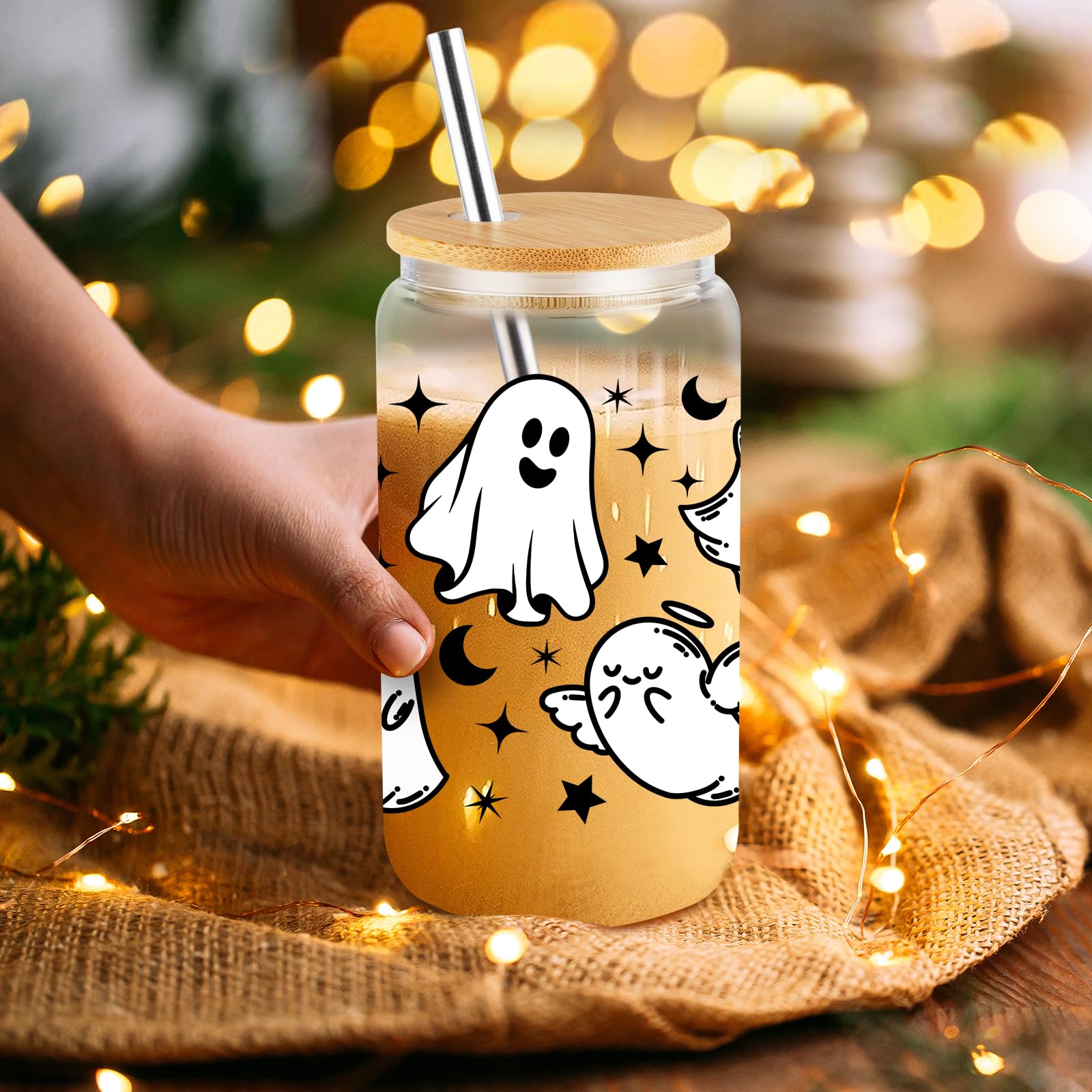 COCOGIFTS Halloween Cups Mugs Ghost 16Oz Iced Coffee Glass Cups with Lids and Straws Cute Halloween Gifts for Women Kids Teens Adults Spooky Gifts for Girls Boys Halloween Tumbler Smoothie Cup