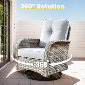 CAODOC 3-Piece Swivel Rocking Rattan Chair Outdoor, Patio Bistro Furniture Conversation Set, Cushioned Wicker Chair with Glass Coffee Table