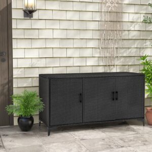 Giantex 84-Gallon Wicker Deck Box - Patio Storage Cabinet, 3-Door PE Rattan Storage Container with Removable Shelves, Indoor & Outdoor Package Box for Porch, Patio Furniture Cushions Tools (Black)