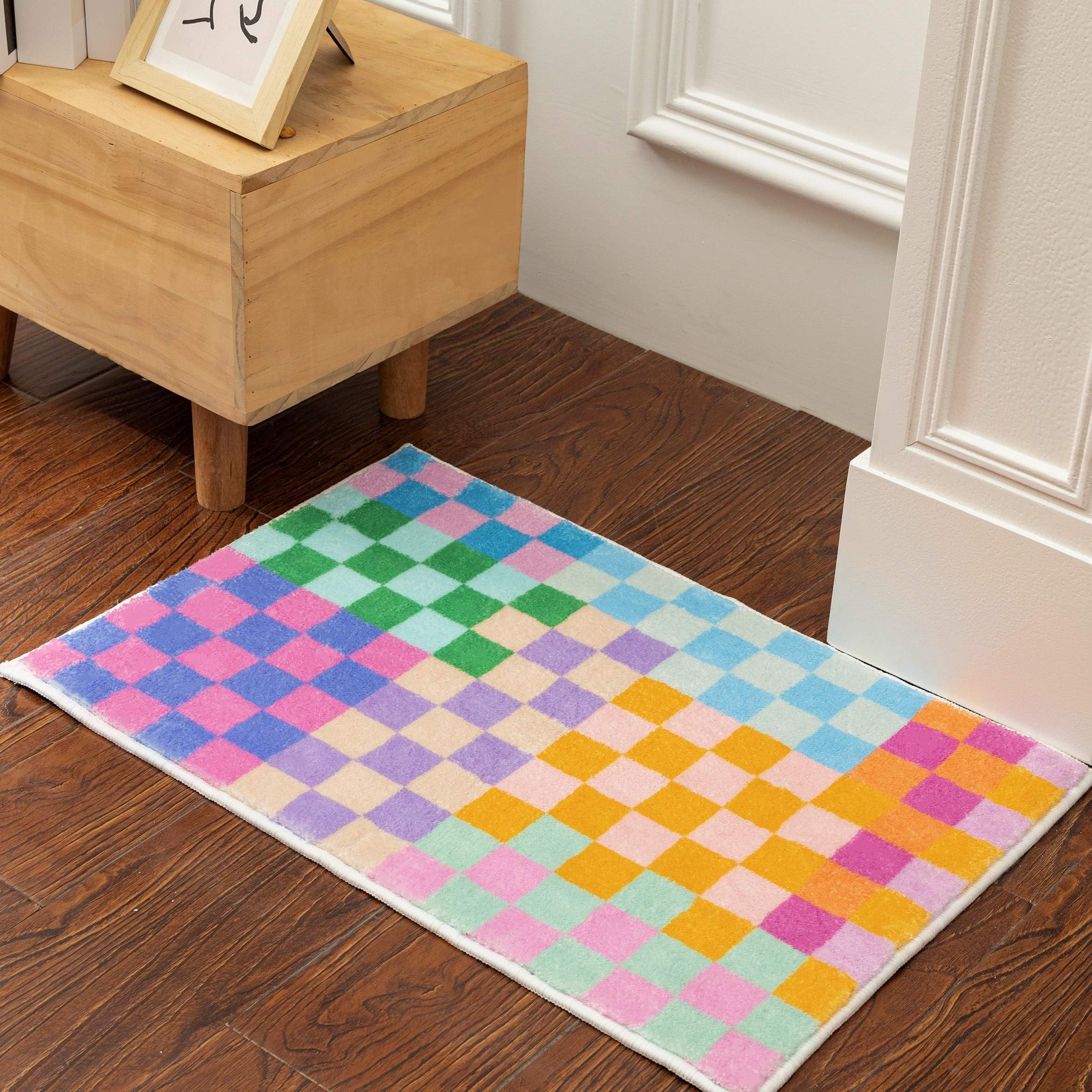 Multicolored Retro Funky Doormat 2'x3', Checkerboard Door Mat Washable Entryway Rug Small Area Rug for Bedroom/Kitchen