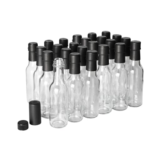 FastRack - 5oz Woozy Hot Sauce Bottles, Pack of 24 with Black Plastic Caps & Shrink Sleeves, Empty Small Woozy Bottles, High Grade Clear Glass bottles with Leakproof Cap - No Dripper Included