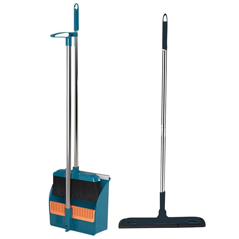 Household Broom and Dustpan Set, Long Handle Brooms and Dustpan Household Soft Sets, Plastic Stainless Steel Long Teeth Dustpan Combination, Broom and Stand up Dustpan Set for Home (Green)