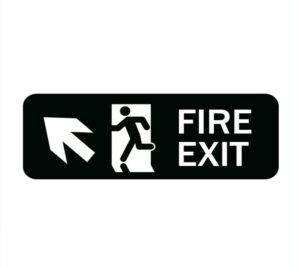 fire exit sign for door, acrylic plastic, black and white, rounded corners, durable, long lasting with double sided tape - 8" x 3"