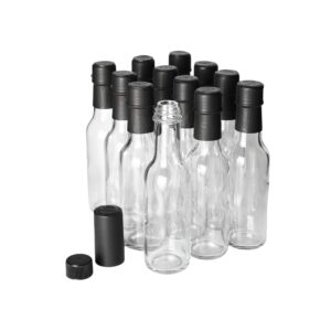 fastrack - 5oz woozy hot sauce bottles, pack of 12 with black plastic caps & shrink sleeves, empty small woozy bottles, high grade clear glass bottles with leakproof cap - no dripper included