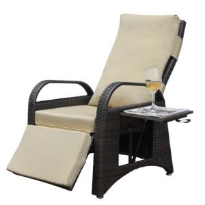 atr art to real indoor & outdoor recliner with headrest and flip table, all-weather pe wicker patio reclining lounge chair, adjustable backrest, footrest removable cushion (one chair - khaki)