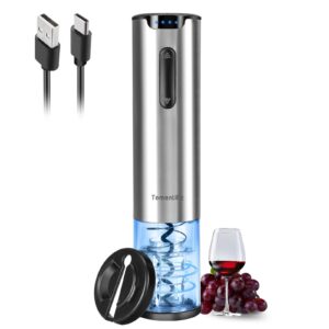 electric wine opener tomentific, rechargeable automatic wine corkscrew bottle opener with foil cutter, type-c charging wine openers with led light for home party wedding gifts (stainless steel)