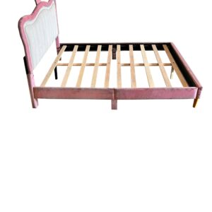 DNYN Full Size Upholstered Platfrom Bed for Kids,Princess Bedframe with Crown Headboard & LED Design,for Girls Bedroom,No Box Spring Needed & Easy Assembly, Pink