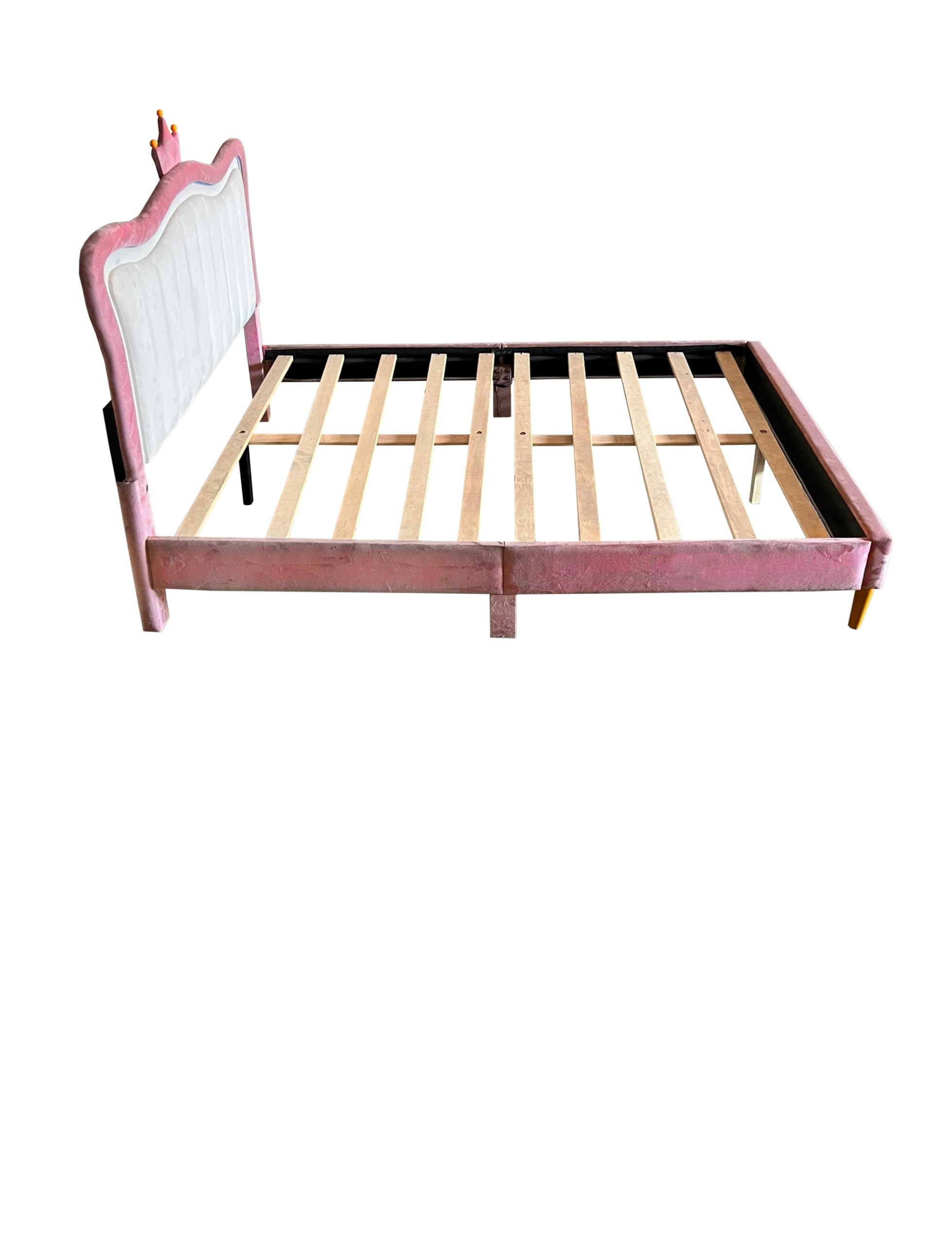 DNYN Full Size Upholstered Platfrom Bed for Kids,Princess Bedframe with Crown Headboard & LED Design,for Girls Bedroom,No Box Spring Needed & Easy Assembly, Pink