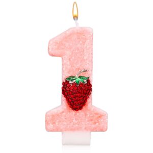 strawberry number 1 candle, cute berry number one candle strawberry theme cake topper decor supplies for first birthday wedding party baby shower decoration