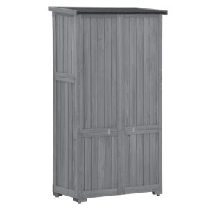 gray wooden outdoor organizer lockable cabinet 3-tier storage solution ideal patio storage weatherproof fir wood shutter design