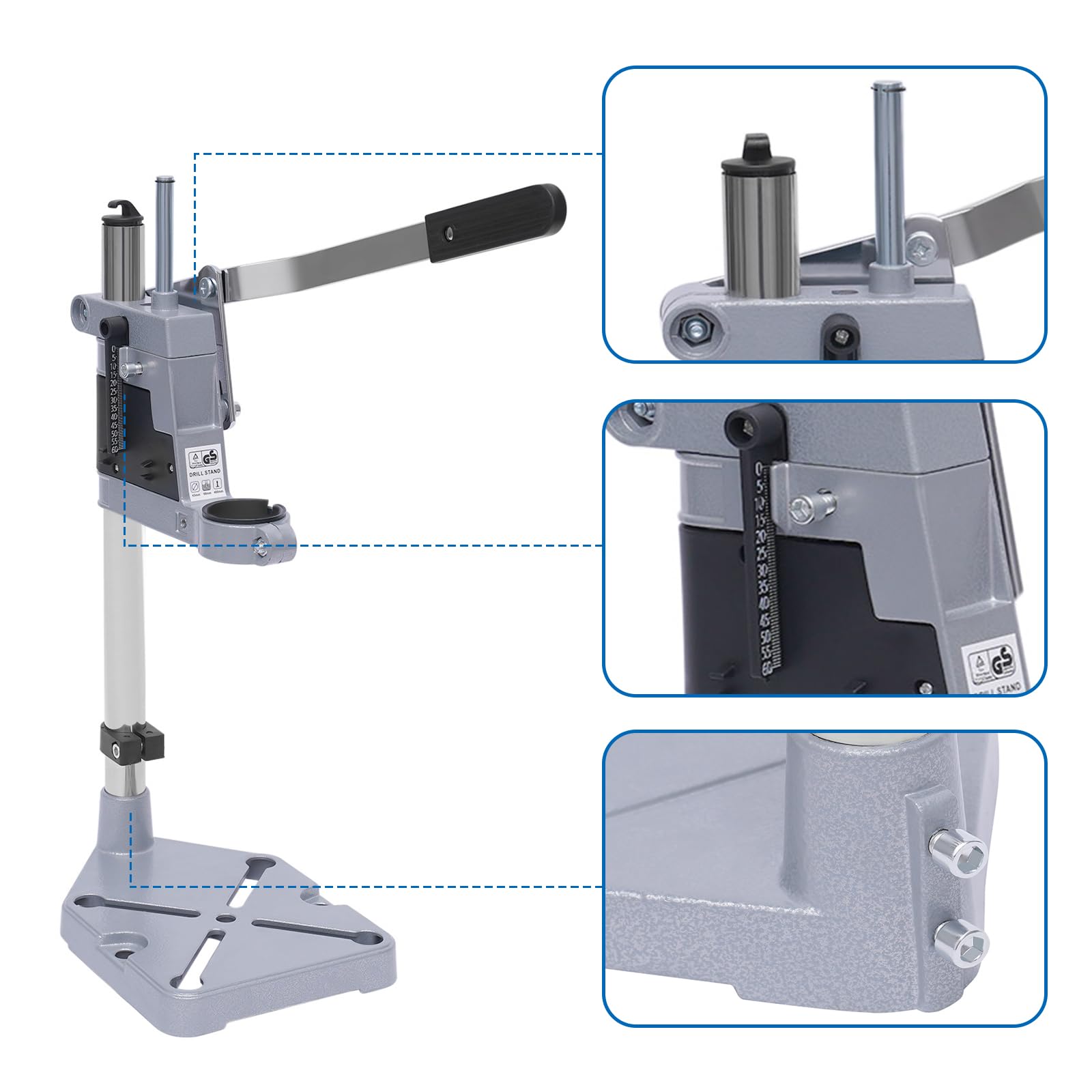 NAWESRVA High-Precision Hand Drill Press Adapter with Vise – Aluminum Alloy Stand, 8.8-Inch Base, Ergonomic Handle, Adjustable Clamp (1.4-1.6 Inch) – Secure & Stable Drilling Solution