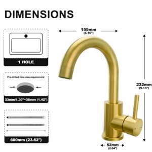 Hoanmpy 304 Stainless Steel Bar Sink Faucet, Bathroom Kitchen Faucet Brushed Gold PVD Pre Wet Small Mini Kitchen Bath Utility Marine Faucet Single Hole Farmhouse Vanity (Brushed Gold PVD)