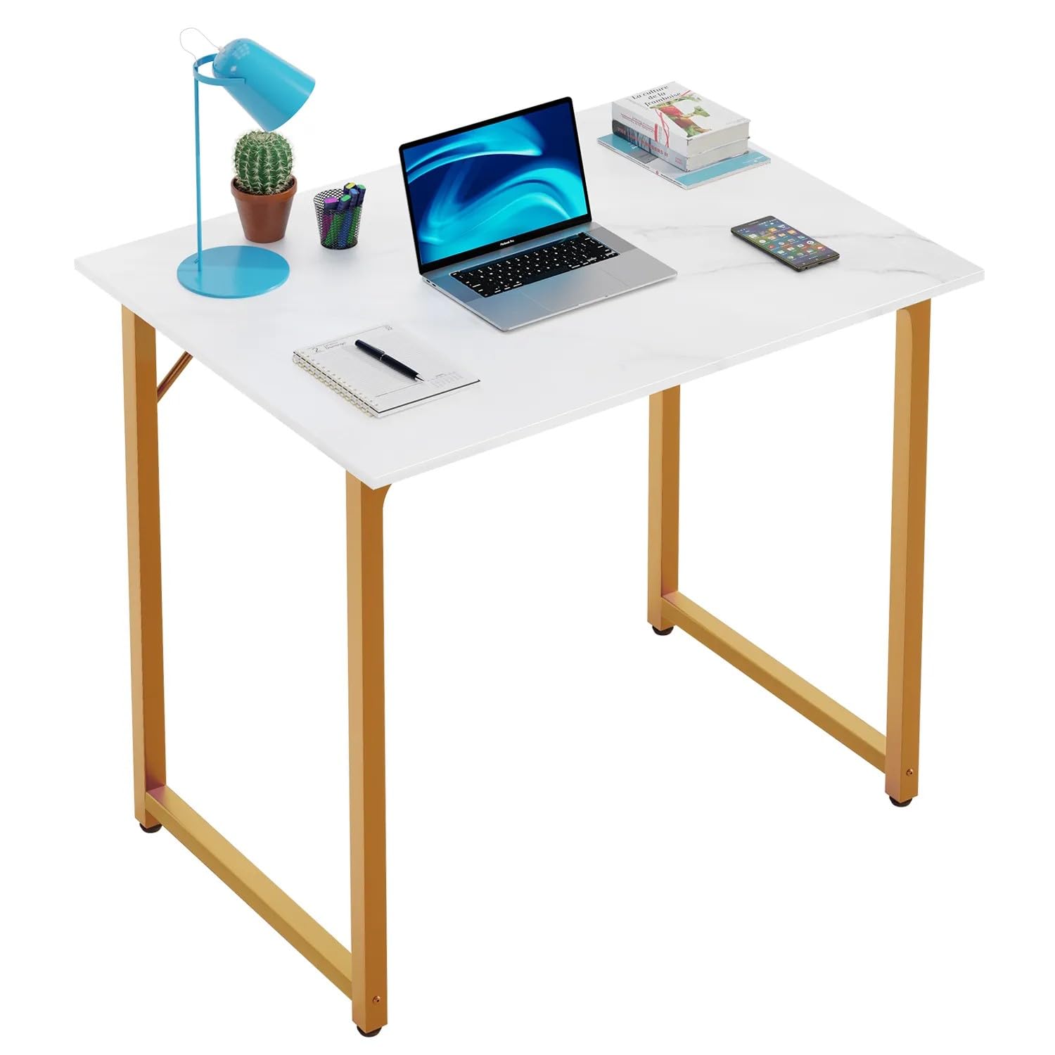 Ckofgdsue 32 Inch Small Computer Desk for Bedroom，Sturdy Wooden Home Office Desk for Small Spaces，Simple Modern Style Tables with Metal Desk Legs Writing Study Table for Adults&Kids,White Gold