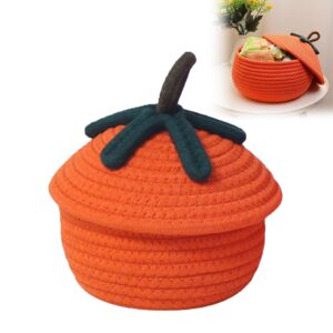 halloween storage basket with lid, woven pumpkin basket, cute halloween cotton rope woven candy basket bag organizer bins for halloween party favor christmas decorative basket (s)