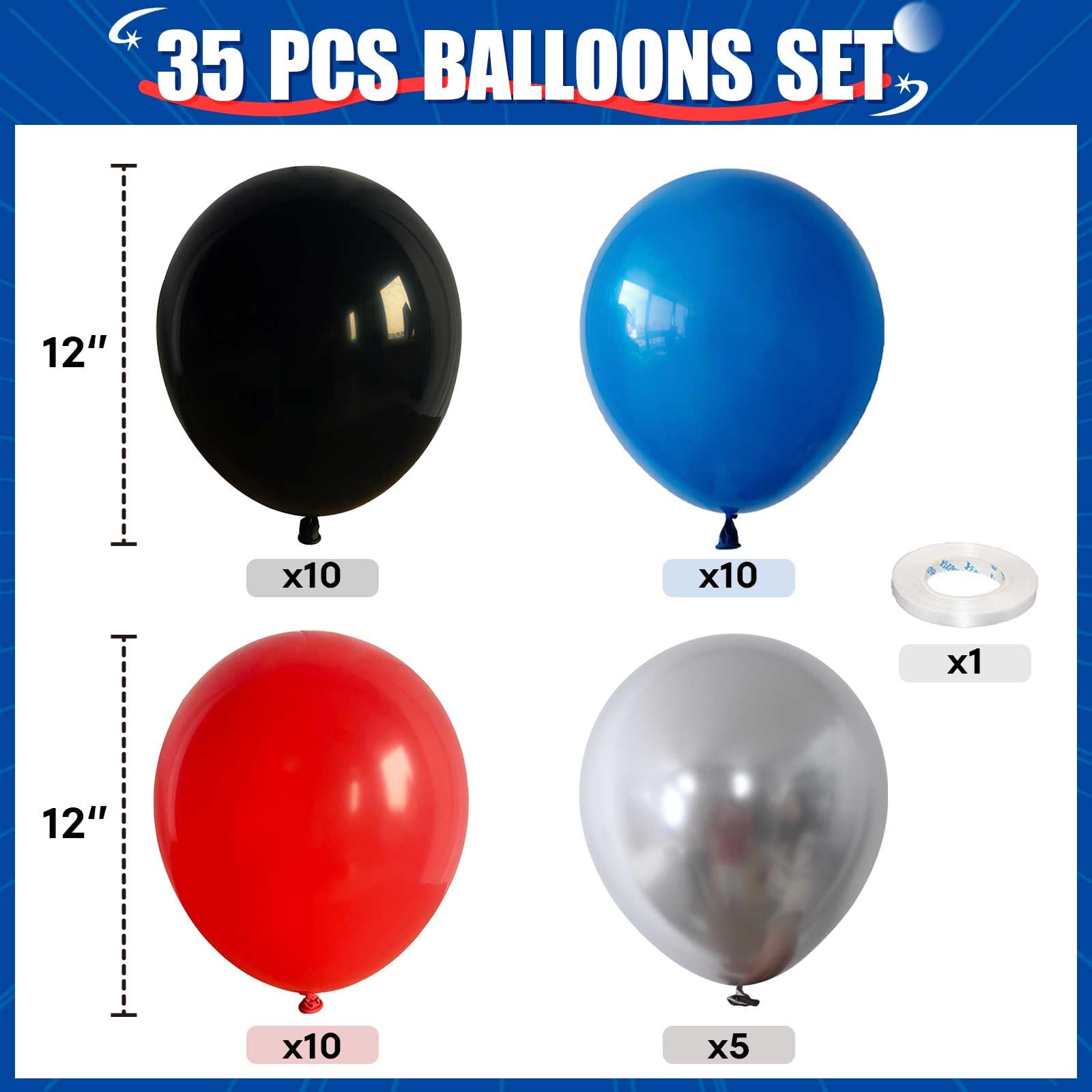 Red Blue Black Balloons, 12Inch Matte Red Black and Royal Blue Metallic Silver Latex Balloon for Boys Hero Party Kids Spider Theme Birthday Baby Shower Graduation Party Decorations