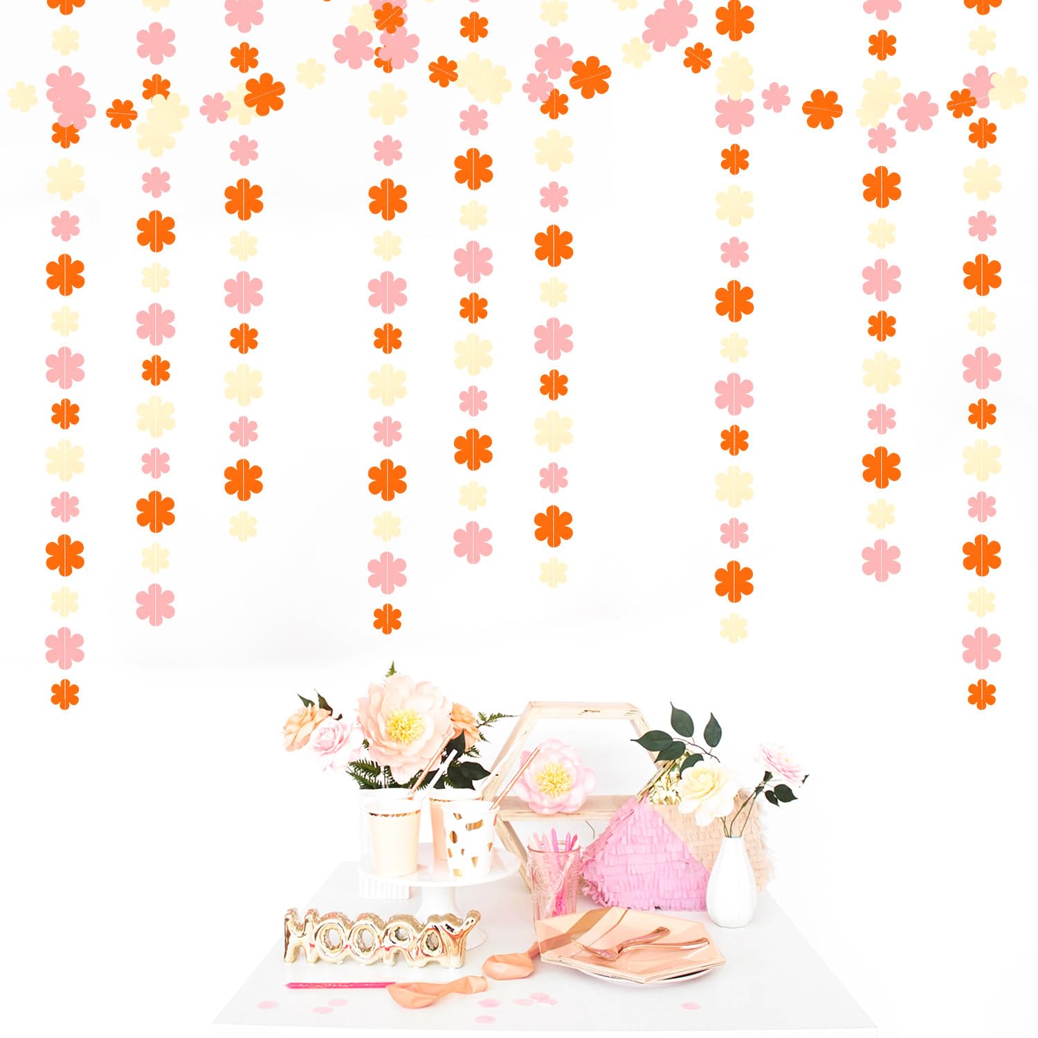 Orange-Pink Fall Party-Decorations Streamers-Garland - 52ft Boho Flower Hanging Paper Banner, Groovy Birthday Baby Bridal Shower Bachelorette Wedding Engagement Decor Hugfond