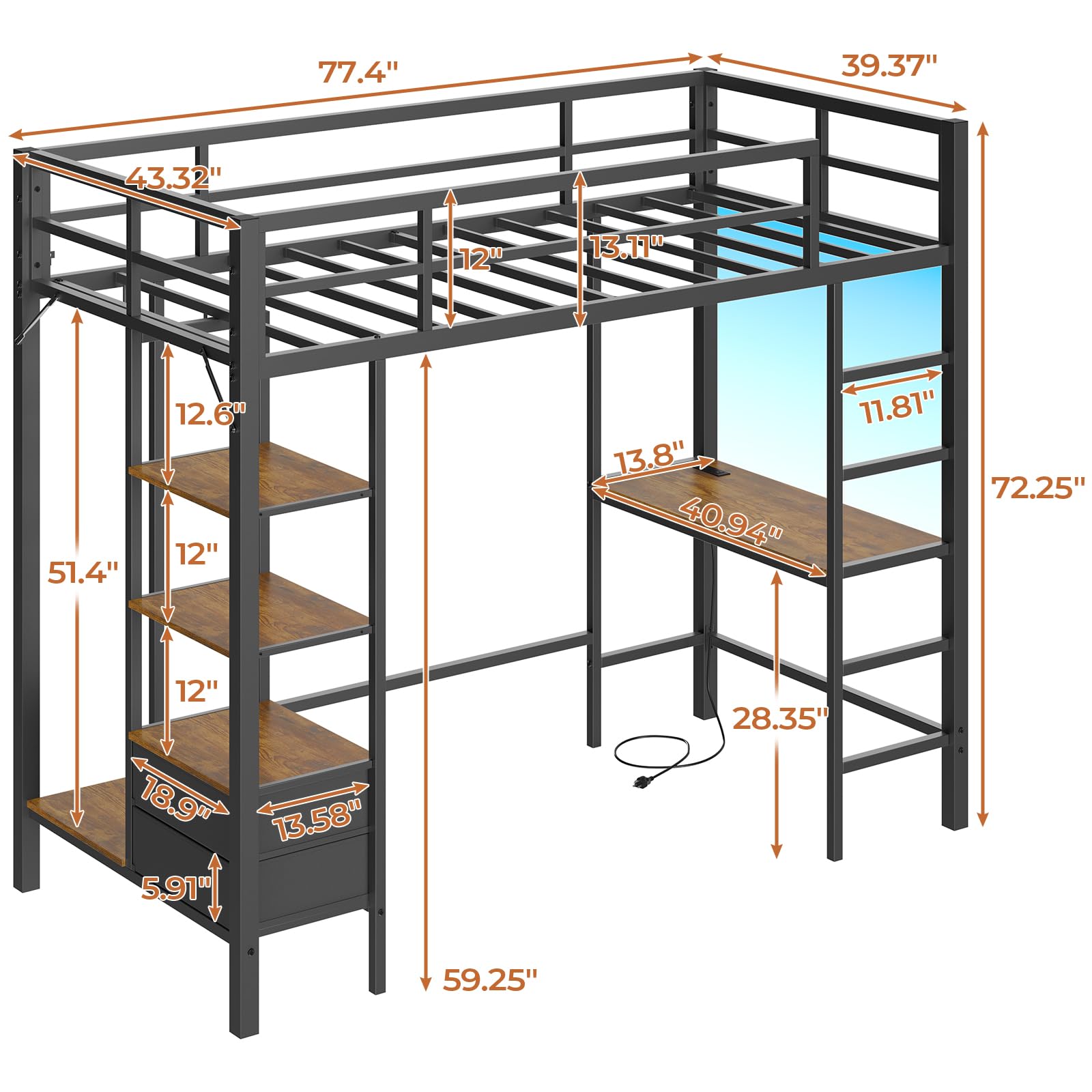 DICTAC Twin Size Loft Bed with Desk and Led Lights Metal Loft Bed with Charging Station & Storage Shelves and Drawers Twin Junior Bed with Clothes Rail,Safety Guard &Ladder,No Box Spring Needed,Black