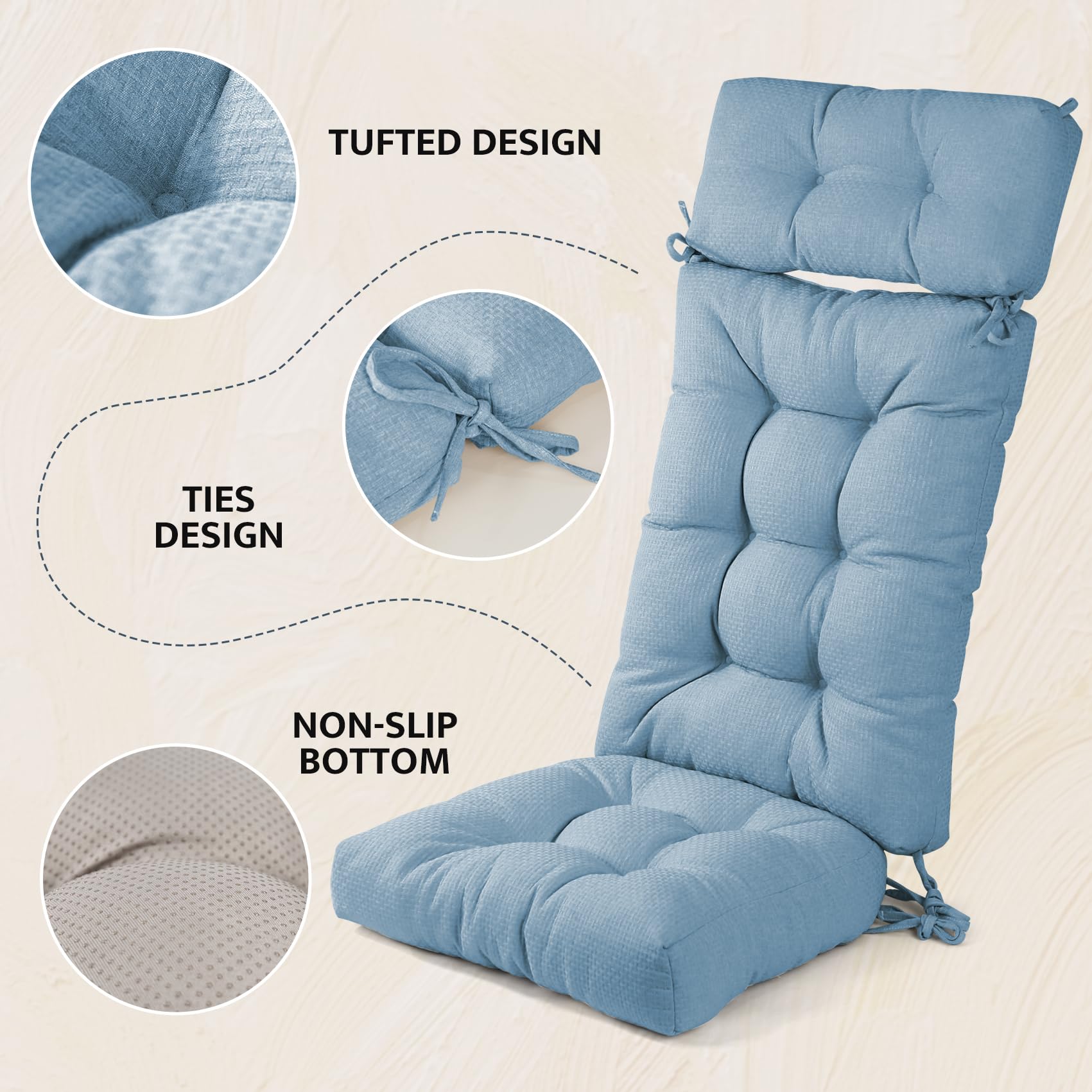 mudilun Rocking Chair Cushion Anti-Slip Tufted High Back Rocking Chair Cushion with Ties and Removable Neck Pillow Rocking Chair Seat Cushions for Bedroom, Living Room, Baby Room, Outdoor Patio Chair