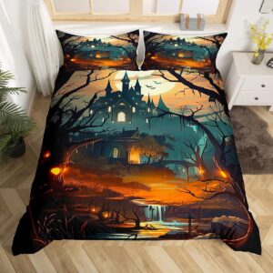 feelyou halloween bedding duvet cover set king size spooky castle bedding set decor moon dark night tree river goth comforter cover set horror theme vintage halloween bedspread cover (no comforter)