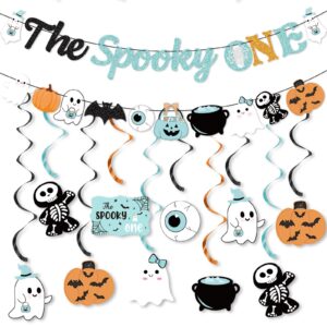 k kumeed blue halloween birthday party banner,the spooky one banner and hanging swirl decorations kit,cute ghost pumpkin bat swirl streamers for first birthday party decorations boys girls