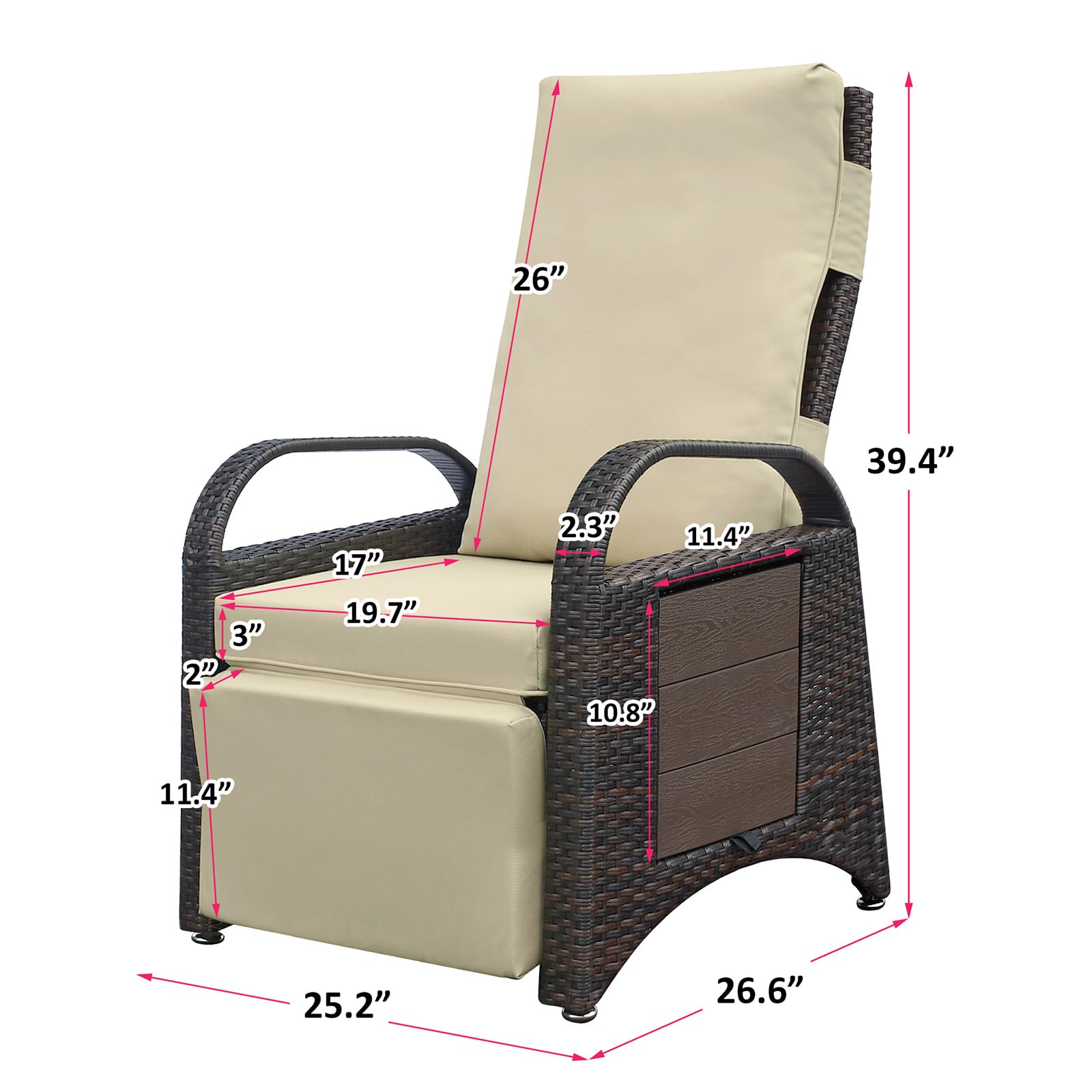 ATR ART TO REAL Indoor & Outdoor Recliner with Headrest and Flip Table, All-Weather PE Wicker Patio Reclining Lounge Chair, Adjustable Backrest, Footrest Removable Cushion (One Chair - Khaki)