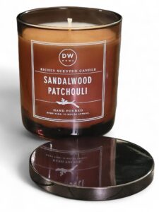 richly scented hand poured candle, scented sandalwood pathouli candle, single wick, brown jar, black tin lid