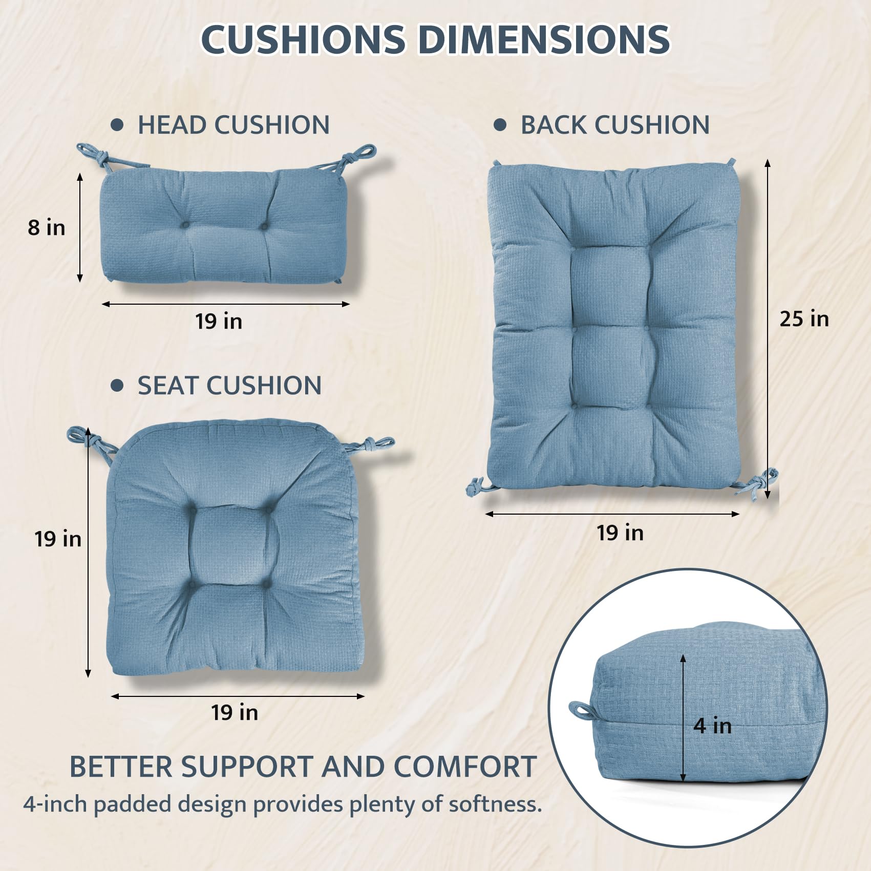 mudilun Rocking Chair Cushion Anti-Slip Tufted High Back Rocking Chair Cushion with Ties and Removable Neck Pillow Rocking Chair Seat Cushions for Bedroom, Living Room, Baby Room, Outdoor Patio Chair