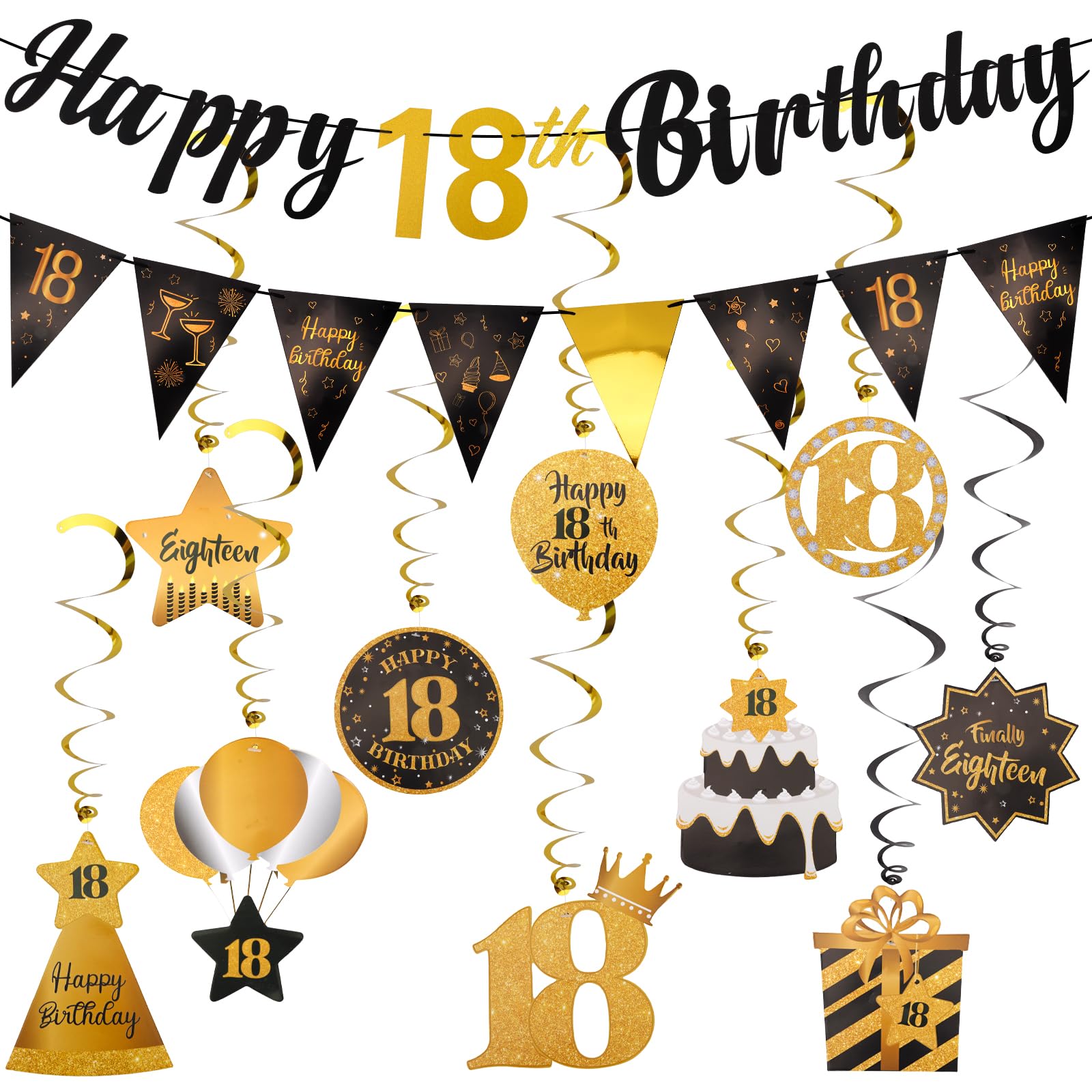 TIHEBAX Black&Gold 18th Birthday Decorations, 18th Birthday Decorations for Boys and Girls Happy 18th Birthday Banner with 10PCS Hanging Swirls Happy 18th Birthday Decorations 18th Birthday Party