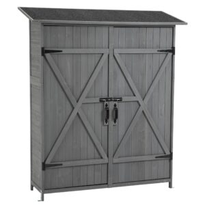 elegant wooden garden shed, lockable door, detachable shelves, pitch roof design, 56" l x 19.5" w x 64" h outdoor storage solution, aqua grey