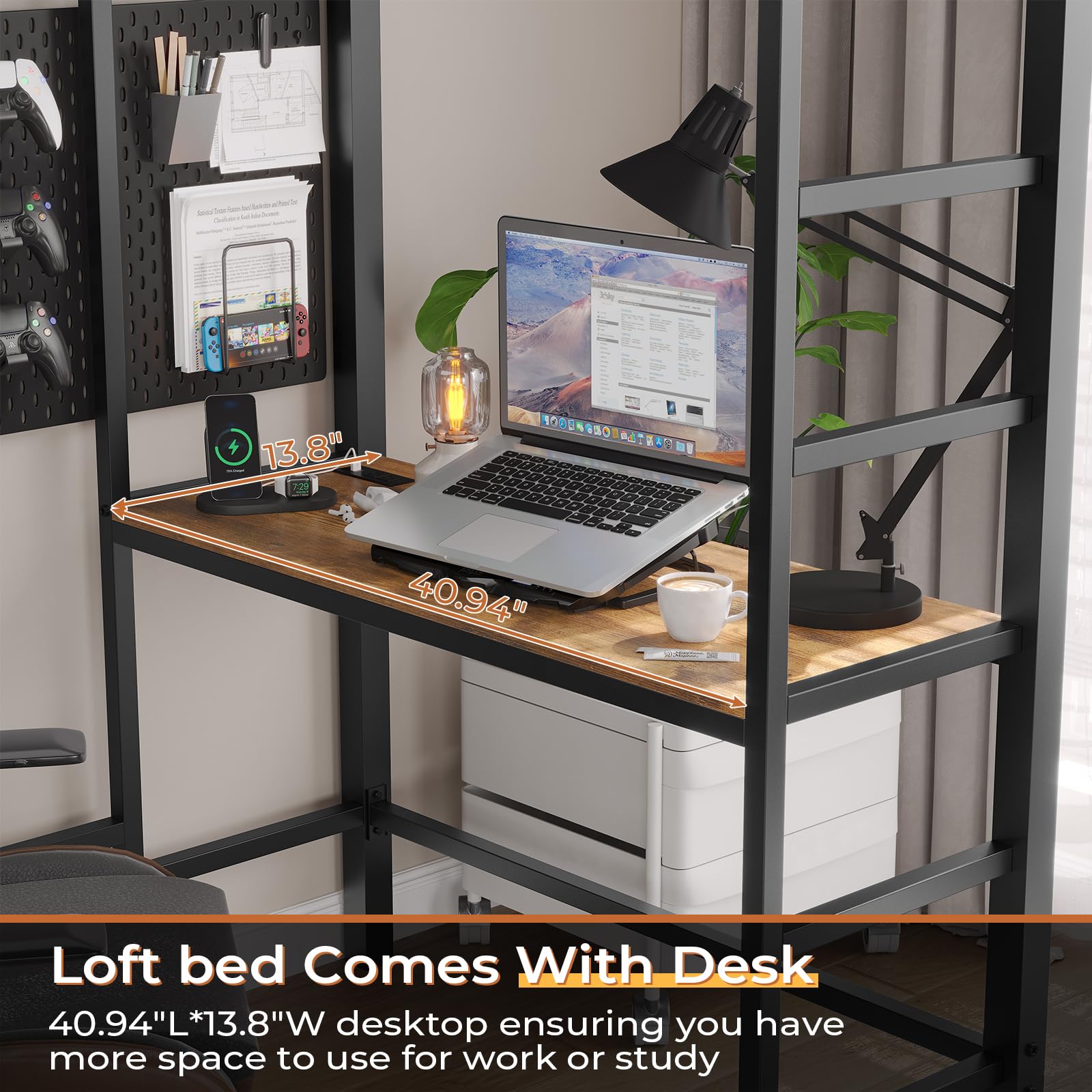 DICTAC Twin Size Loft Bed with Desk and Led Lights Metal Loft Bed with Charging Station & Storage Shelves and Drawers Twin Junior Bed with Clothes Rail,Safety Guard &Ladder,No Box Spring Needed,Black