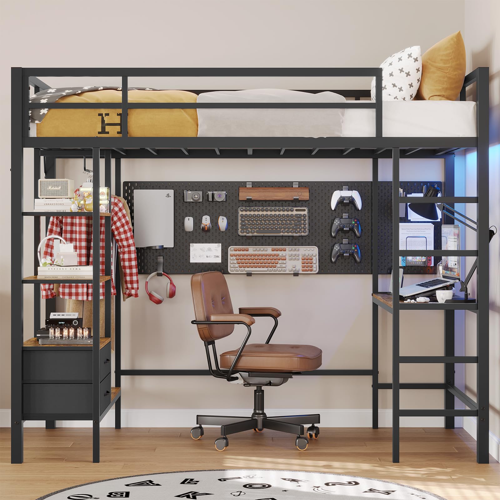 DICTAC Twin Size Loft Bed with Desk and Led Lights Metal Loft Bed with Charging Station & Storage Shelves and Drawers Twin Junior Bed with Clothes Rail,Safety Guard &Ladder,No Box Spring Needed,Black