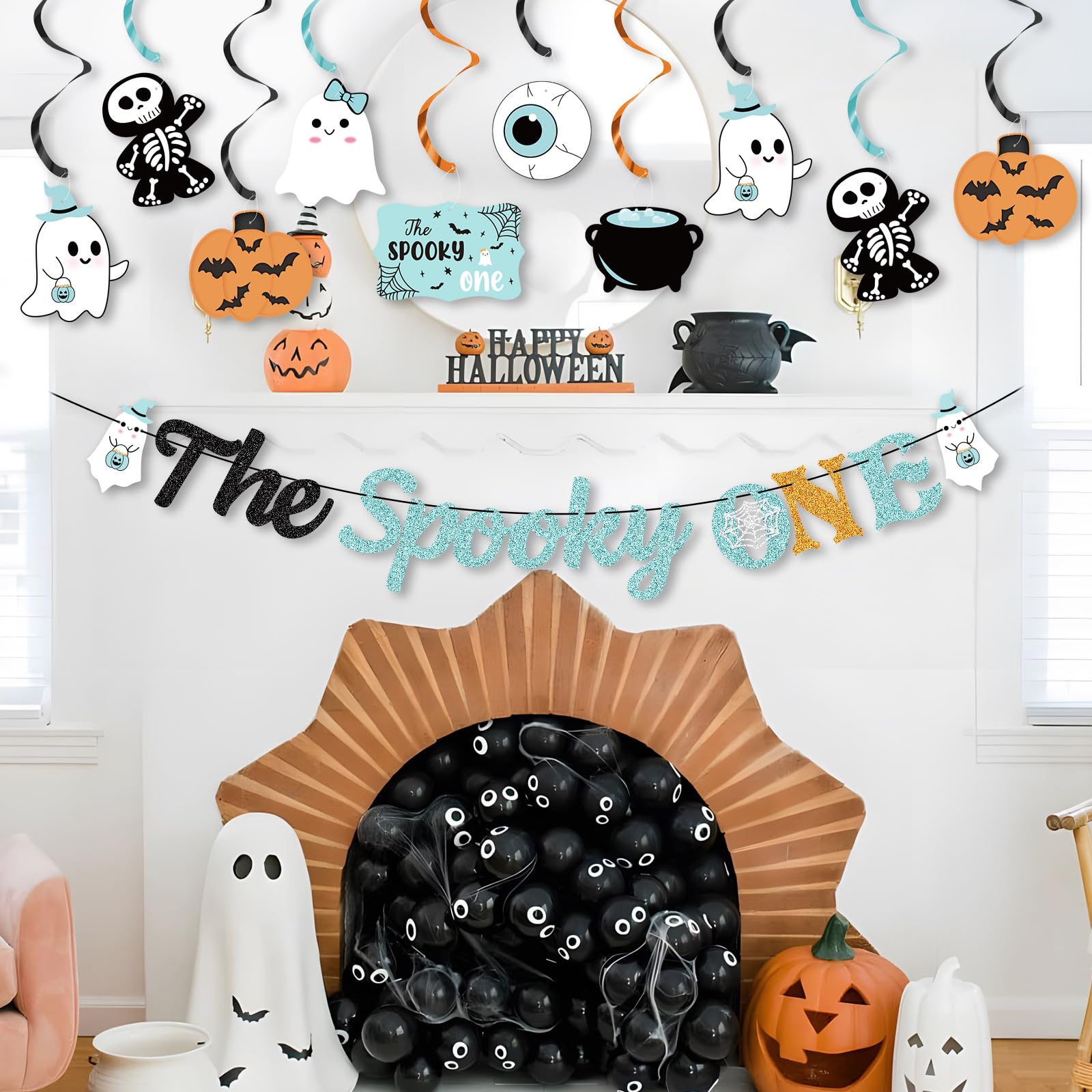 K KUMEED Blue Halloween Birthday Party Banner,The Spooky One Banner and Hanging Swirl Decorations Kit,Cute Ghost Pumpkin Bat Swirl Streamers for First Birthday Party Decorations Boys Girls