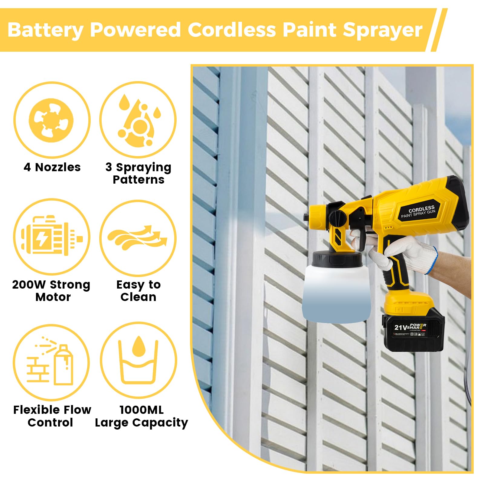 Cordless Paint Sprayer with Battery, HVLP Spray Paint Gun with 1 Fast Charger, 4 Copper Nozzles & 3 Spray Patterns, Electric Paint Sprayer Gun for House Painting, Yellow