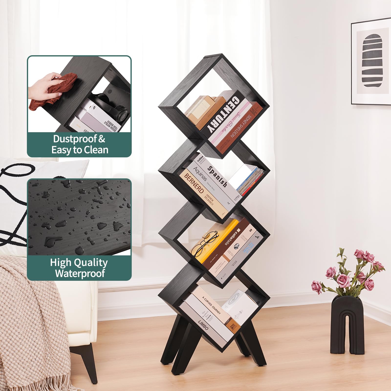 Yoobure Black Bookshelf - Small Book Shelf, 4-Tier Tall Bookcases Book Organizer, Industrial Bookshelves Floor Standing for CDs/Books in Small Spaces, Bedroom, Living Room, Home Office