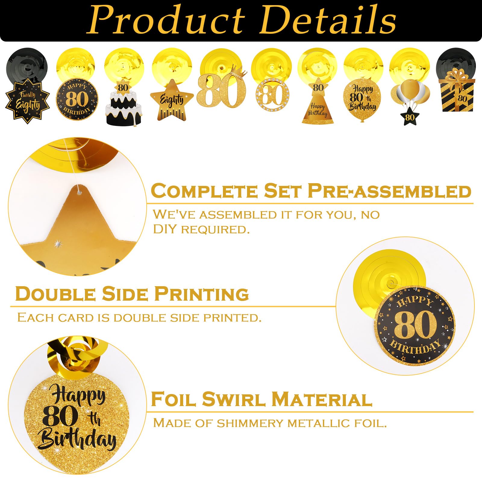 FASOTY 80th Birthday Decorations Black Gold 80th Birthday Decorations For Men Women Pre-assembled Happy 80th Birthday Banner Triangle Flag Glitter Hanging Swirls for 80th Birthday Party Birthday Party Decorations Supplies