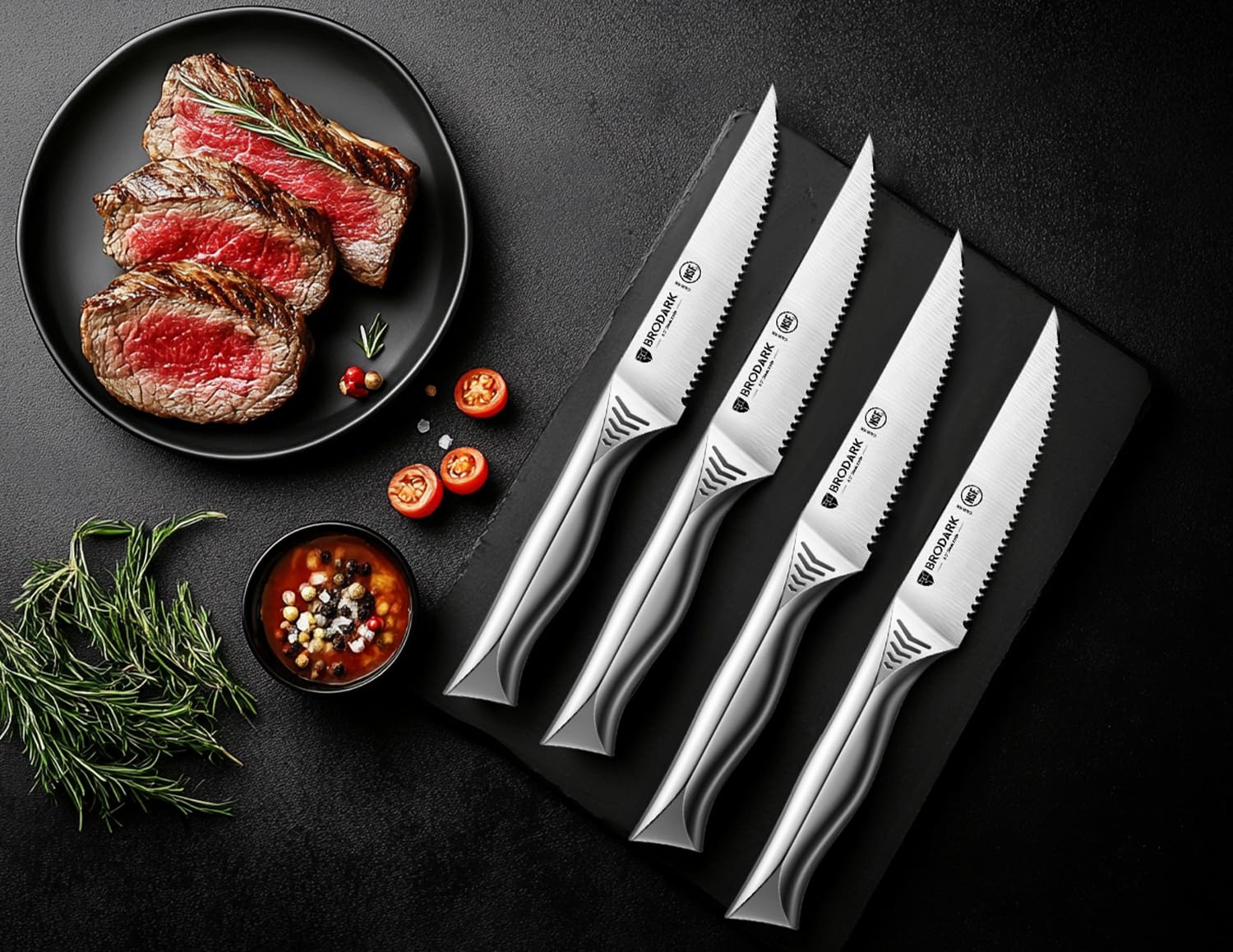 BRODARK Steak Knives Set of 8, 4.5 Inch Serrated Steak Knives, High Carbon Stainless Steel Kitchen Steak Knife Set, Never Need Sharpening, NSF Certified, Shark Series