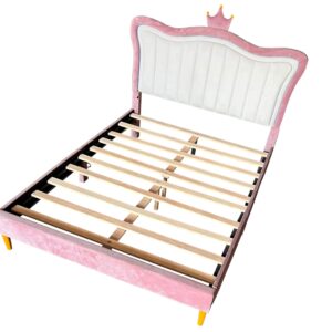 DNYN Full Size Upholstered Platfrom Bed for Kids,Princess Bedframe with Crown Headboard & LED Design,for Girls Bedroom,No Box Spring Needed & Easy Assembly, Pink