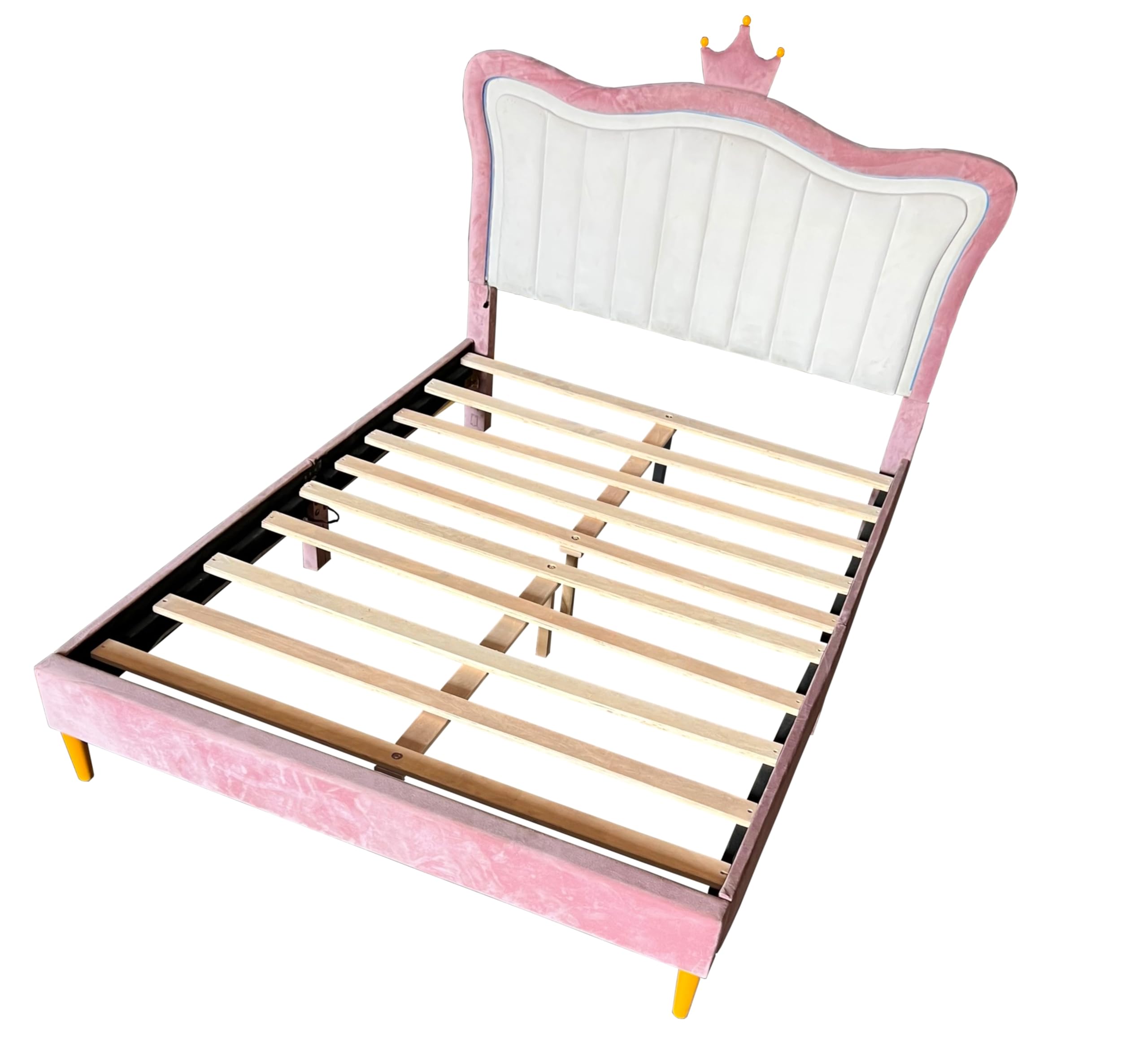 DNYN Full Size Upholstered Platfrom Bed for Kids,Princess Bedframe with Crown Headboard & LED Design,for Girls Bedroom,No Box Spring Needed & Easy Assembly, Pink