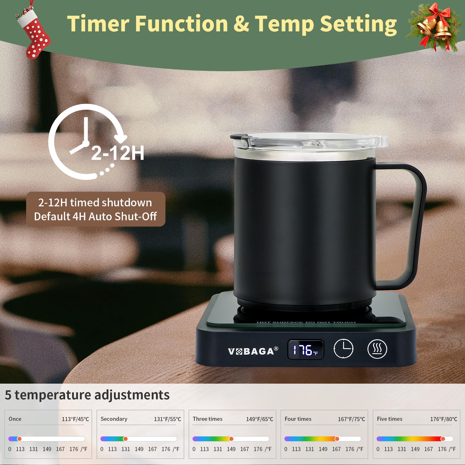 VOBAGA Mug Warmer & Mug Set for Desk, Electric Coffee Cup Warmer with Temperature & Timer Settings, Smart Coffee Warmer Plate with 15oz Cup for Warming and Heating Coffee, Beverage, Candles, Cocoa